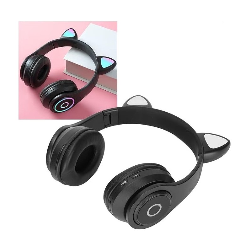 Belaidės šviečiančios ausinės Katės ausys kompiuteriui, telefonui - juodos